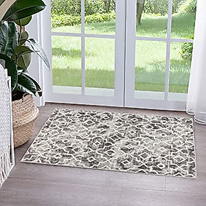 Wonnitar Moroccan Washable Area Rug - Small 2x3 Grey Distressed Entryway Rug Non-Slip Doormat Modern Geometric Trellis Throw Rug Faux Wool Floor Carpet for Bathroom Laundry Room Indoor Office