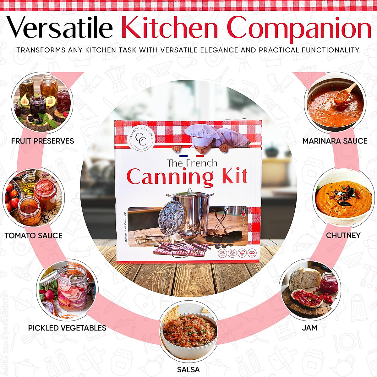 Canning pot with rack and lid - Water bath canner for canning - Complete premium canning kit with large Pot 21.5 Qt in stainless steel 304 - The French canning kit by La Cuisine de Camille