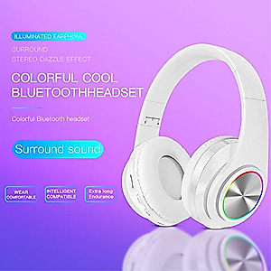 Amazing 7 LED Bluetooth Headphones with 8Hours Playtime, Wireless Headsets Over Ear, Hi-Fi Stereo, Multi-Colored Breathing Led, Built-in Mic, Snug Fit Earphones for Game Video DJ (White)