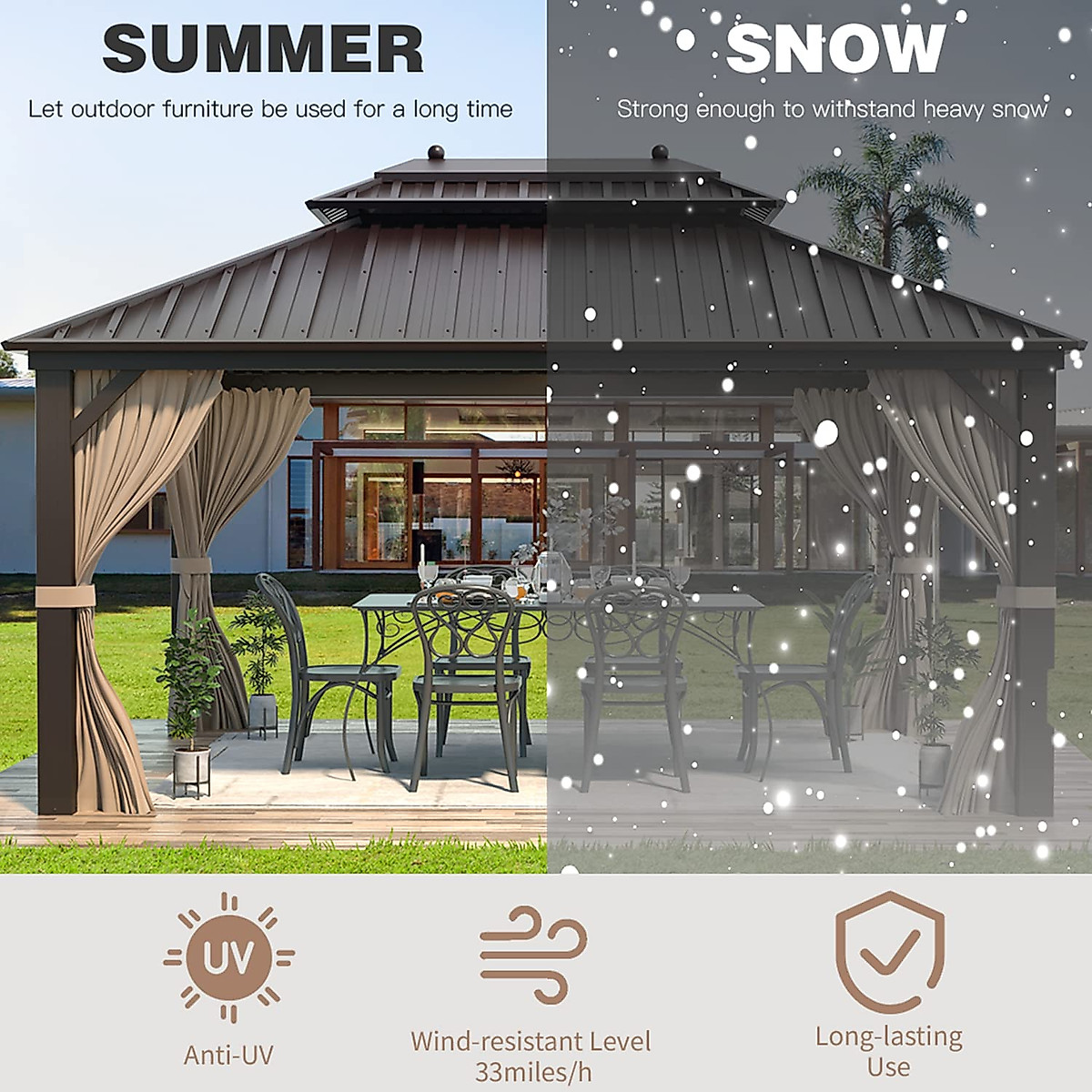 EROMMY 10'x13' Hardtop Gazebo, Galvanized Steel Outdoor Aluminum Canopy with Netting and Shaded Curtains, Double Roof Pergolas, Permanent Metal Pavilion for Patio, Backyard, Deck and Lawns, Brown