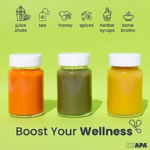 Ilyapa Glass Juice Shot Bottles Pack of 8-4oz On The Go Beverage Storage Container with White Cap, Reusable, Leak Proof