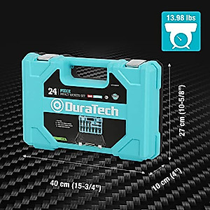 DURATECH 24-Piece Impact Socket Set, 1/2" Drive Deep Impact Socket Set with 2pcs 1/2-Inch Hexagon Extension Bars, Metric ＆ SAE, Hard Case Included