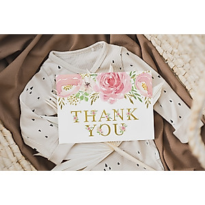 Pink and Gold Floral Thank You Cards, Great for Baby Wedding Bridal Shower, Birthday, Baptism, Any Occasion, 50 Thank You Cards and Envelopes