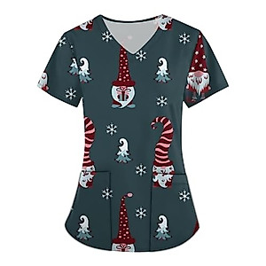 Christmas Mock Wrap Scrubs for Women Soft Tops Stretch Print Tshirts Stretch Nurse Uniforms Scrub Shirts for Women(4-Dark Green,XX-Large)