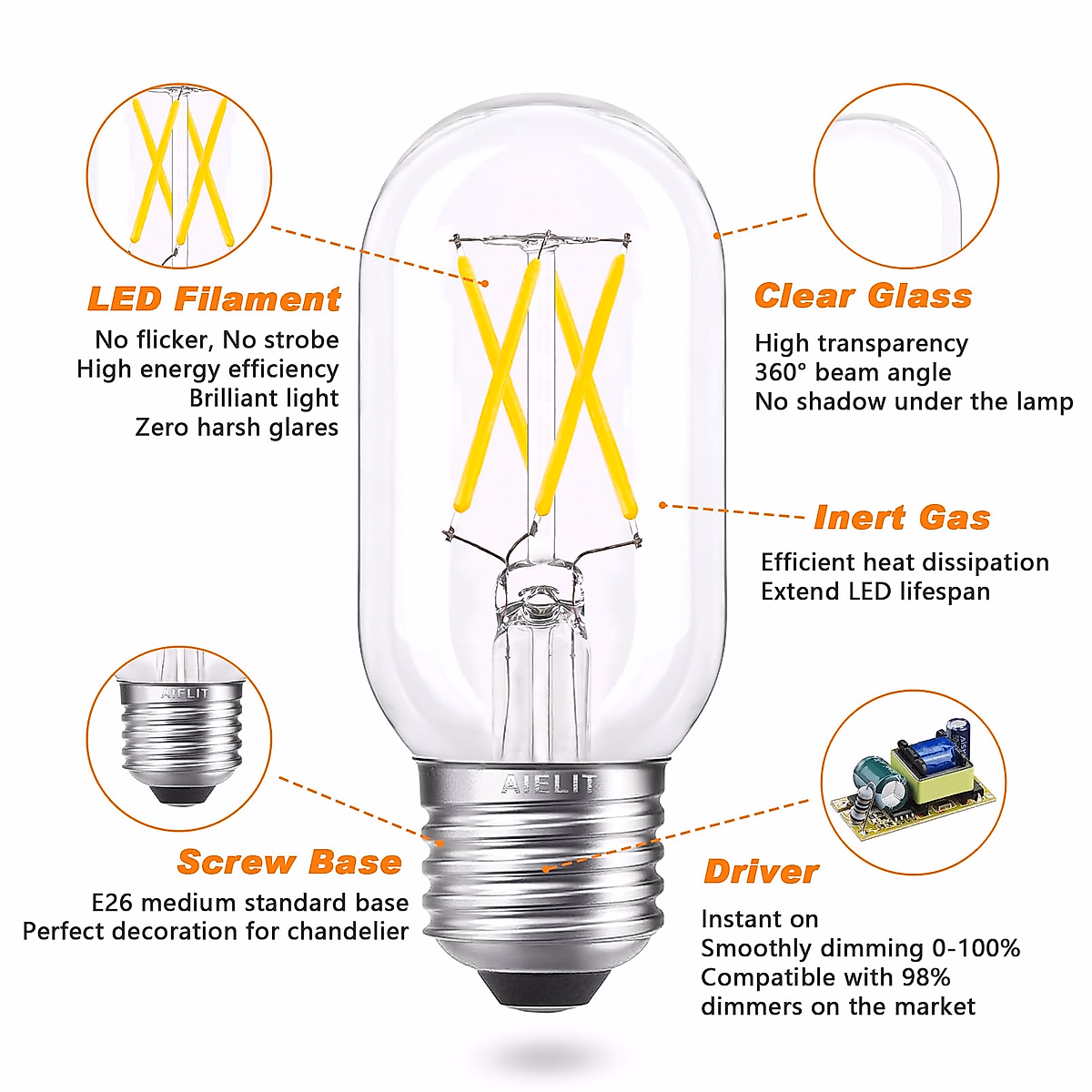 AIELIT 40 Watt Equivalent E26 LED Bulb Dimmable, Daylight White 5000K, Energy Efficient 4W, 400lm Tubular Edison T14 T45 LED Light Bulbs for Pendant Sputnik Vanity Chandelier Wall Sconce, 8 Pack