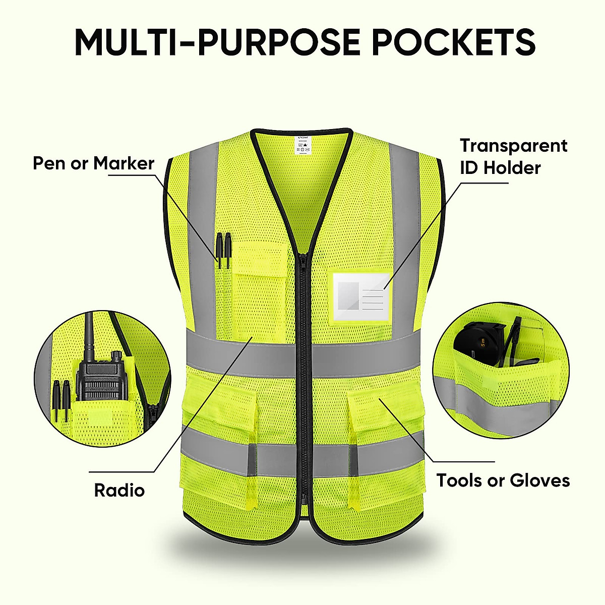 TICONN Reflective Safety Vest High Visibility Class II Mesh Vest for Women & Men Meets ANSI Standards (1PK, Yellow, XL)