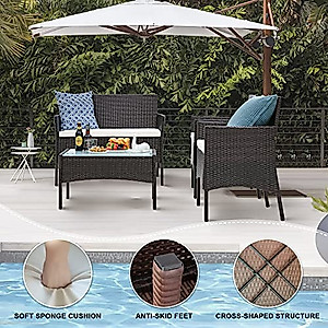 Mr IRONSTONE 4 Pieces Patio Furniture Set, Outdoor 2 Rattan Chairs Wicker Sofa with Tempered Glass Side Table and Soft Cushions, Outdoor Conversation Sets for Patio, Lawn, Garden, Poolside, Balcony