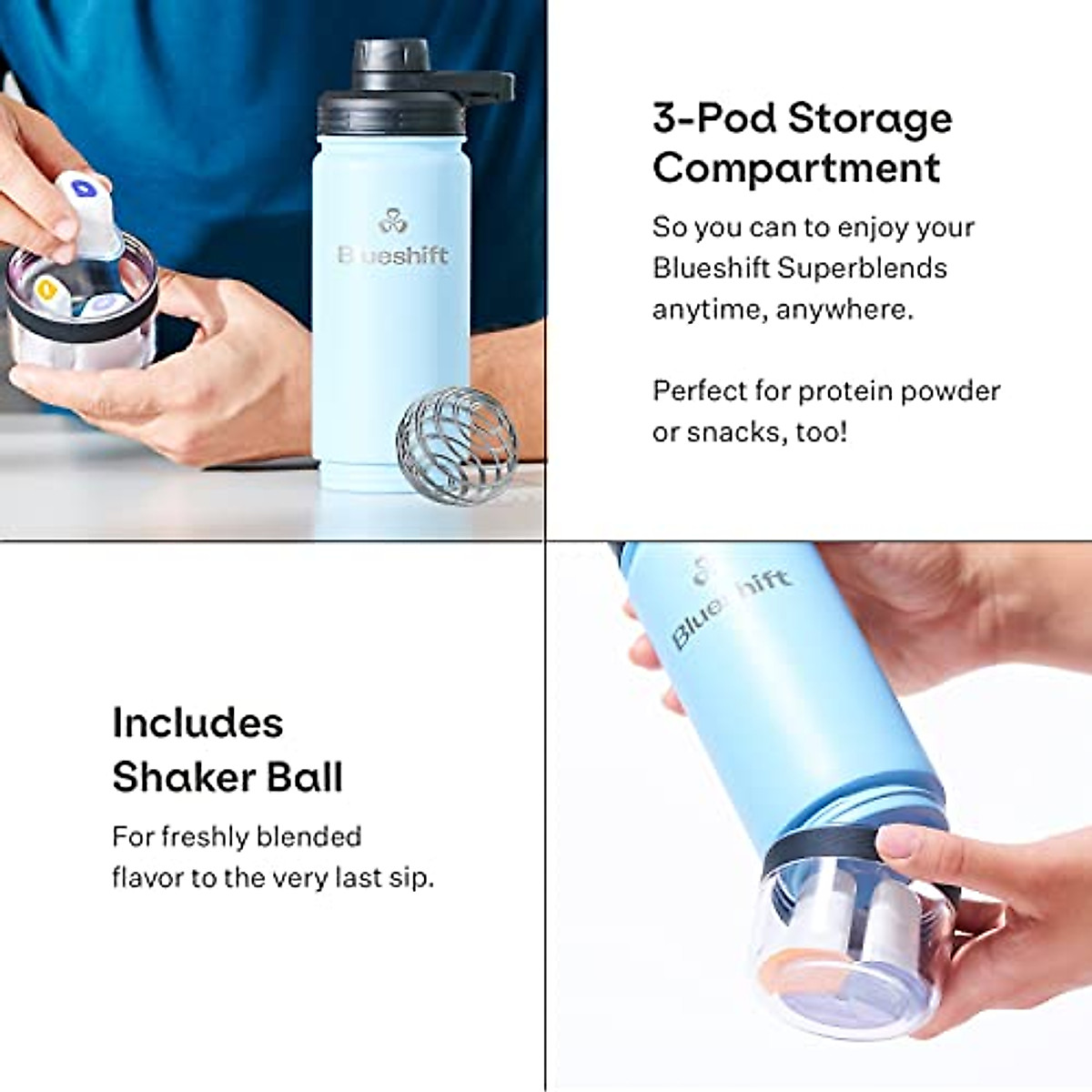 Blueshift Sidekick Stainless Steel Water Bottle, 18 Fl Oz Shaker Bottle With Blend Ball and Protein Storage Compartment, Includes 6 Superblend Supplements Inside Bottle (Sky)