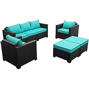 Outdoor Wicker Furniture Couch Set 5 Pieces, Patio Furniture Sectional Sofa with Turquoise Cushions and Furniture Covers, Black Rattan