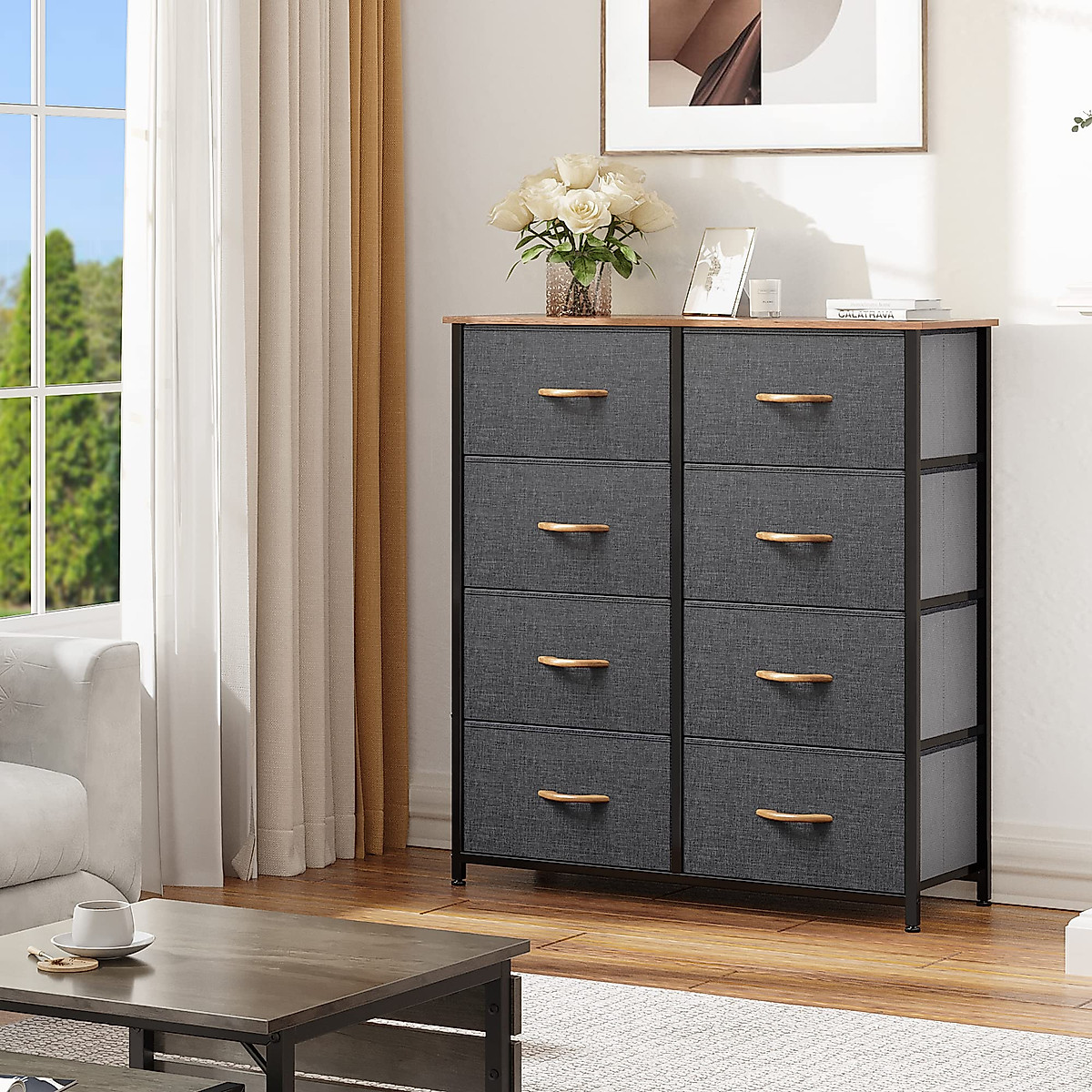 DWVO Dresser for Bedroom, Fabric Dresser with 8 Drawers, Tall Dresser, Double Dresser, Chest of Drawers for Closet, Living Room, Sturdy Steel Frame, Wooden Top, Easy Pull Handle, Charcoal Grey