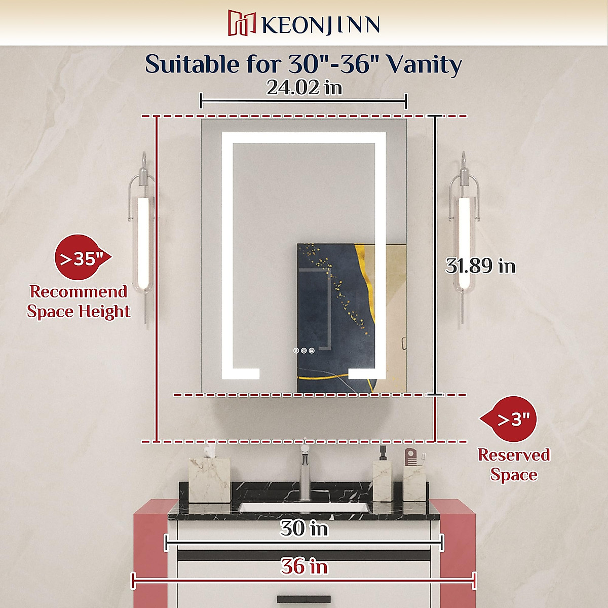 Keonjinn 24 x 32 LED Medicine Cabinet for Bathroom with Light Adjustable Shelves Electrical Outlet Dimmable Defogging 3 Color Light Tempered Glass LED Vanity Mirror with Storage Recessed/Surface Mount