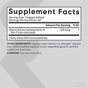 Sports Research Vitamin K2 as MK7 with Organic Coconut Oil | Made with MenaQ7 from Fermented Chickpea | Non-GMO Verified, Vegan Certified (60 Veggie-Softgels)