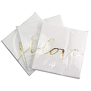 Dulousia White Luncheon Paper Napkins Stamped with Sparkle Gold Love - Folded 6.5 x 6.5inch for Wedding, Bridal/Baby Shower, Dinner Birthday Party (48Count)
