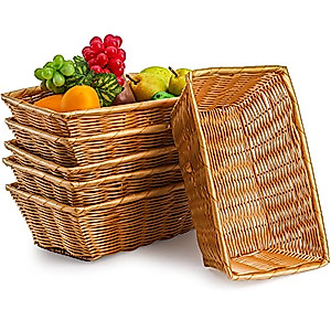 Coloch 6 Pack Poly Wicker Woven Bread Basket, 12 Inch Imitation Rattan Fruit Basket Stackable Rectangle Serving Basket for Fruit, Bread, Vegetable, Towel, Home, Restaurant, Outdoor Use