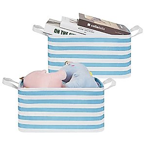 WLFRHD Collapsible Storage Basket 16.5x12x10.5 inches Rectangular Fabric Storage Bin for Shelves Toy Waterproof Canvas Cute Storage Bins Playroom Gift 2-Pack (Blue and White Stripes,Extra Large )