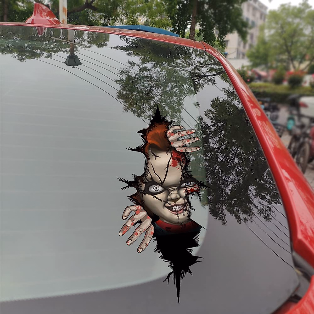 Iprokiu Horror Car Decal 3D Funny Peeking Sticker for Car Window Bumper Double-Sided Printed Peeking Sticker for Vehicle Laptop Wall Cracking Decal Car Halloween Decor (Scary Doll)