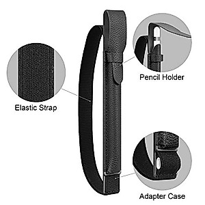Fintie Pencil Holder with USB Adapter Pocket for Apple Pencil (1st and 2nd Generation), Premium Elastic Vegan Leather Sleeve Pouch Compatible with iPad Case, Black