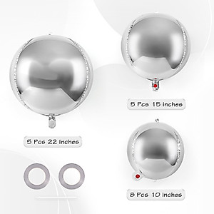 18 Pcs Silver Foil Balloons, Round 360 Degree Balloons, Unique Finish Balloons for Birthday Graduation Wedding Bachelorette Party Decorations, 5 Pcs 22 Inches, 5 Pcs 15 Inches, 8 Pcs 10 Inches