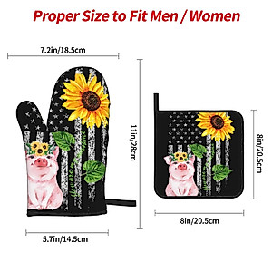 Oven Mitts and Pot Holders Sets Farmhouse Sunflower Pig American Flag Kitchen Microwave Gloves and Hot Pads Potholders with Cotton Liner Grip Cooking Mitts for Baking Cooking Grilling BBQ