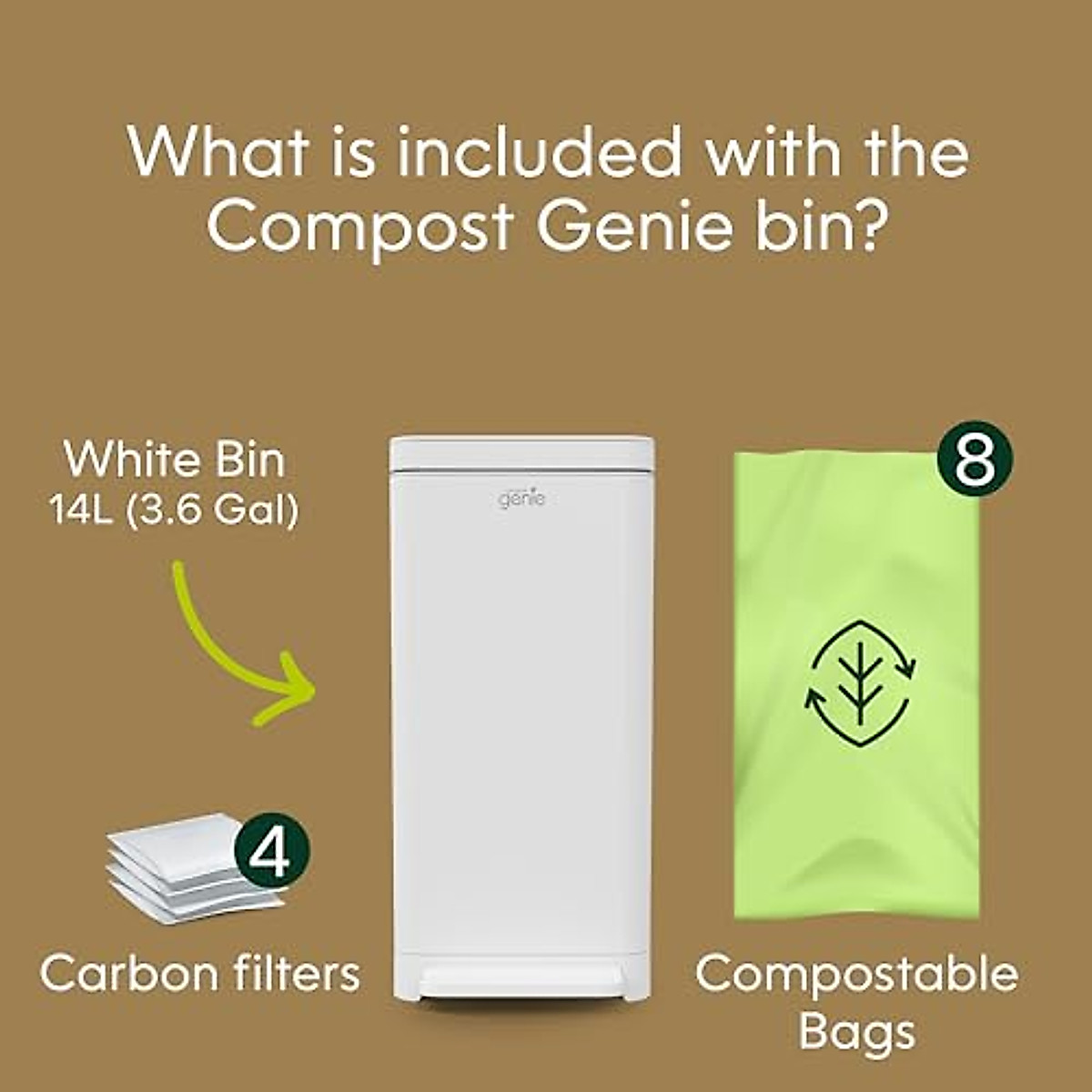 Compost Genie Kitchen Compost Bin, White Stainless-Steel Large, 3.6 Gallon, Indoor Odorless Composting, Hands-Free, Washable Parts, Includes 8 Tear-Off Compostable Bags and 4 Carbon Filters