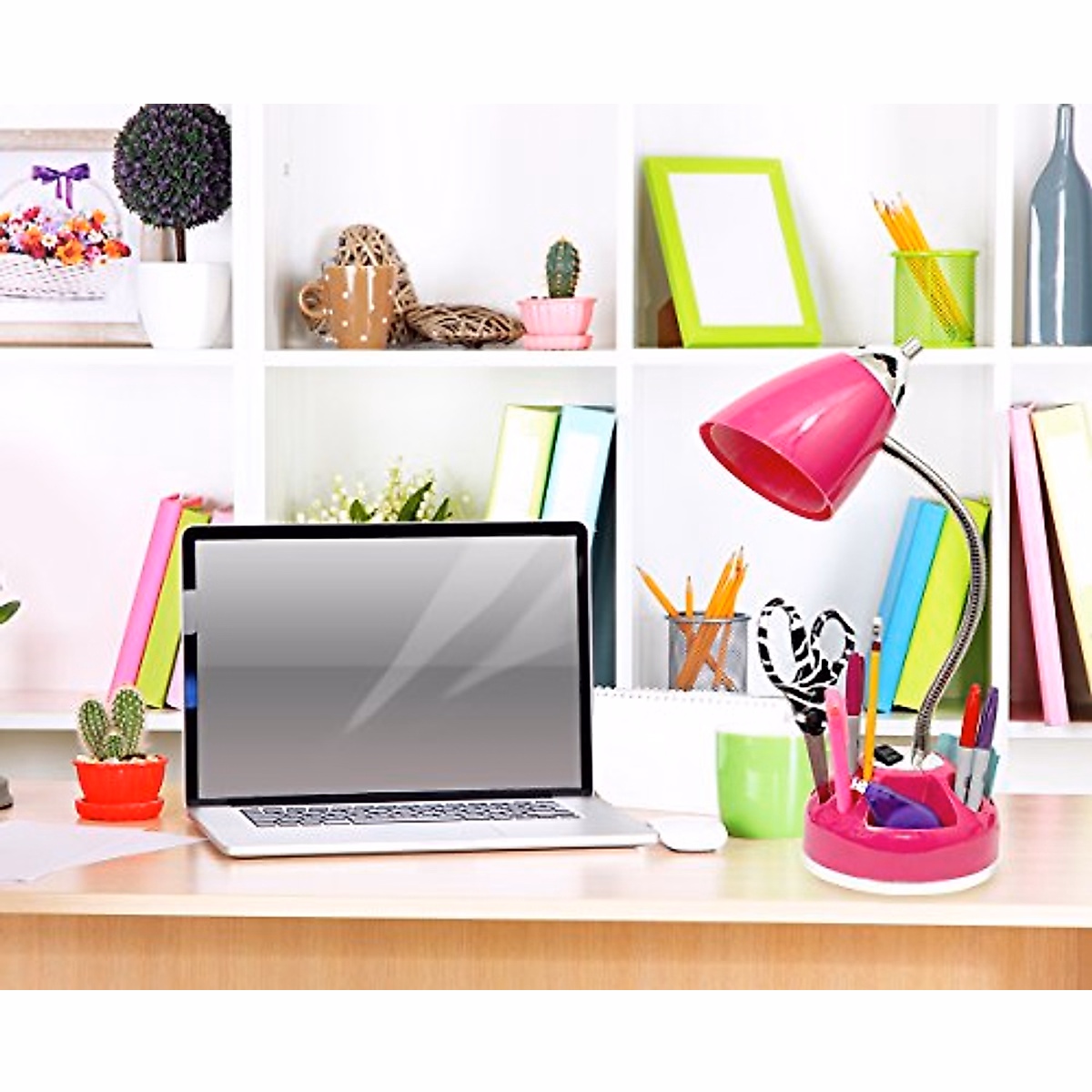 Limelights LD1015-PNK Flossy Organizer Desk Lamp with Charging Outlet Lazy Susan Base, Hot Pink