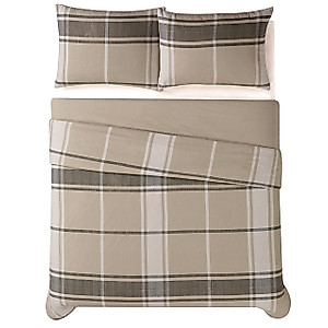 Truly Soft Everyday - King 3 Piece Duvet + Sham Set - Preston Plaid Flannel Collection - Khaki