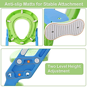 Potty Training Toilet Seat with Step Stool Ladder for Kids, Baby Toddler Toilet Training Seat with Soft Padded Seat, Safe Handles and Non-Slip Wide Step for Girls and Boys (Blue Green)