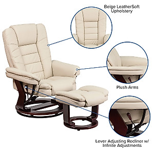 EMMA + OLIVER Multi-Position Stitched Recliner & Ottoman with Swivel Base in Beige LeatherSoft
