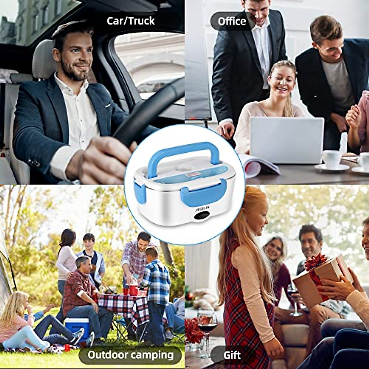 JIEGELIN Electric Lunch box food heater 2-in-1,12V/24V/110V/220V portable heating lunch box for cars and homes,stainless steel container fork and Spoon and portable bag (Grey)