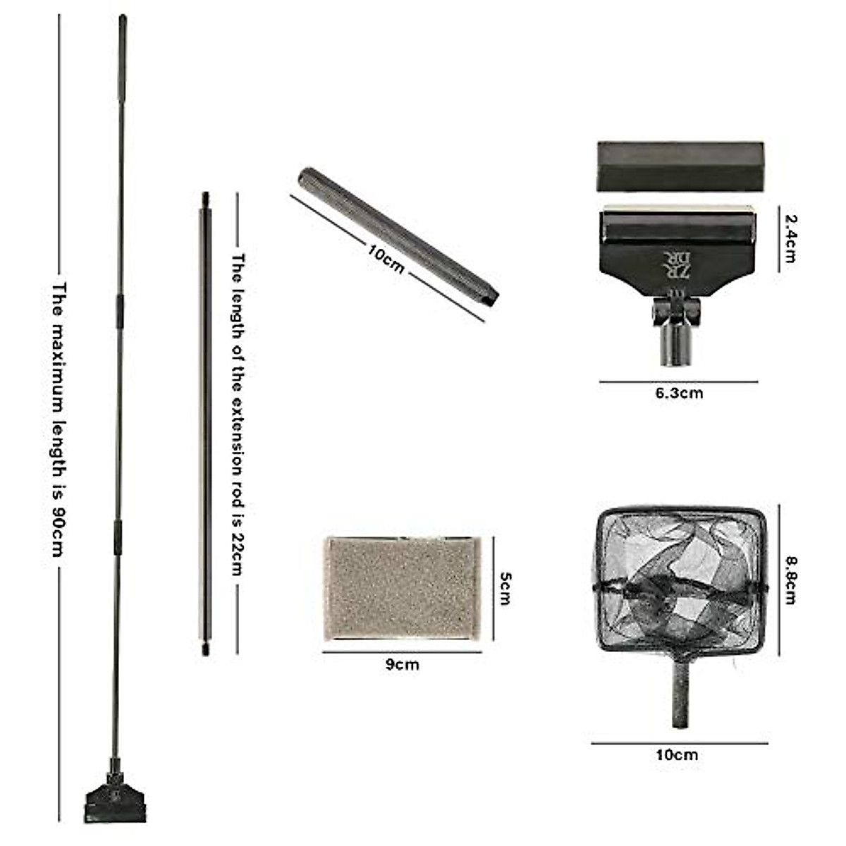 ZRDR Stainless Steel Algae Scraper Aquarium Cleaning Tool for Glass Aquariums, Including Algae Scraper, Sponge Pad, Fish Net, Cleaning Brush, Adjustable Length, Durable, Does Not Hurt The Fish Tank
