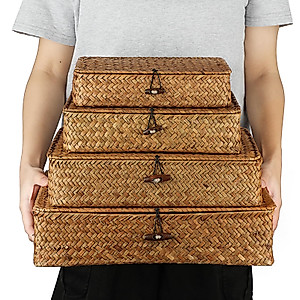 Hipiwe Flat Wicker Storage Basket Bin with Lid - Set of 4 Large Woven Shelf Baskets Boxes Natural Seagrass Basket Bin Rectangular Decorative Storage Boxes for Closet Shelf Organizer, Caramel