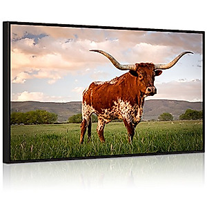 Visual Art Decor Large Animals Canvas Wall Art Texas Longhorn in Sunset Farm Picture Prints Framed and Stretched Painting for Modern Home Living Room Decoration (28"x40" Origin)