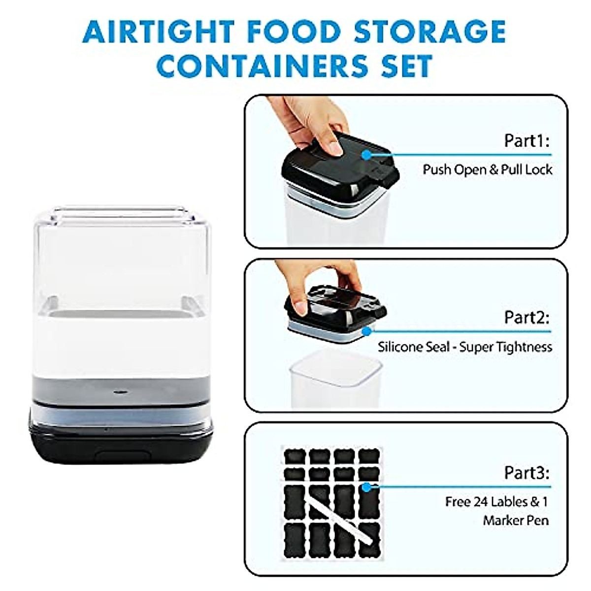 OMNISAFE Airtight Food Storage Container Set, 7Pcs Kitchen Organization Containers, BPA Free Clear Plastic Canisters for Cereal, Sugar & Dry Food with Easy Lock Lid, Include 9 Labels, Square Black