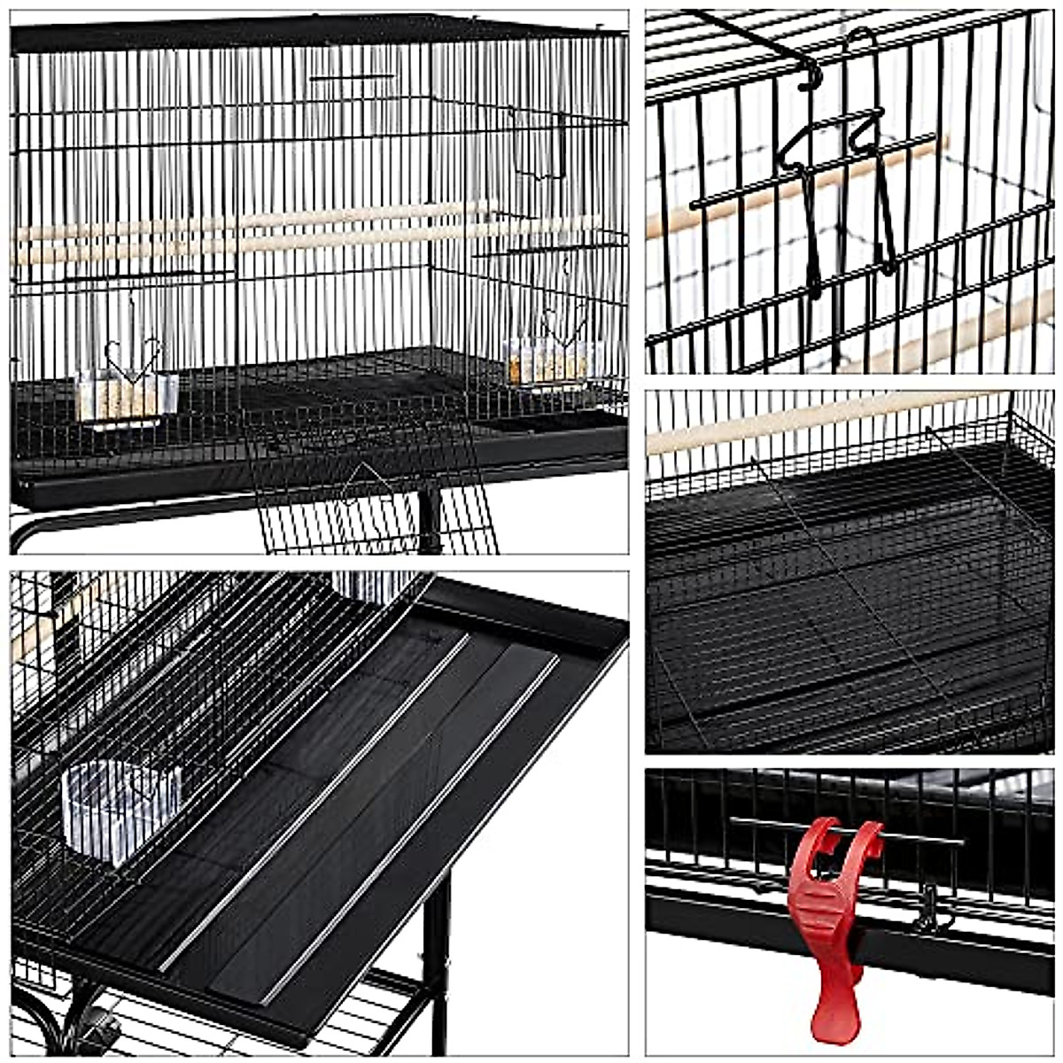Yaheetech 47-inch Rolling Breeding Flight Bird Cages for Parakeets Budgies Finches Cockatiels Conures Lovebirds Canaries Parrots w/Detachable Stand, Black