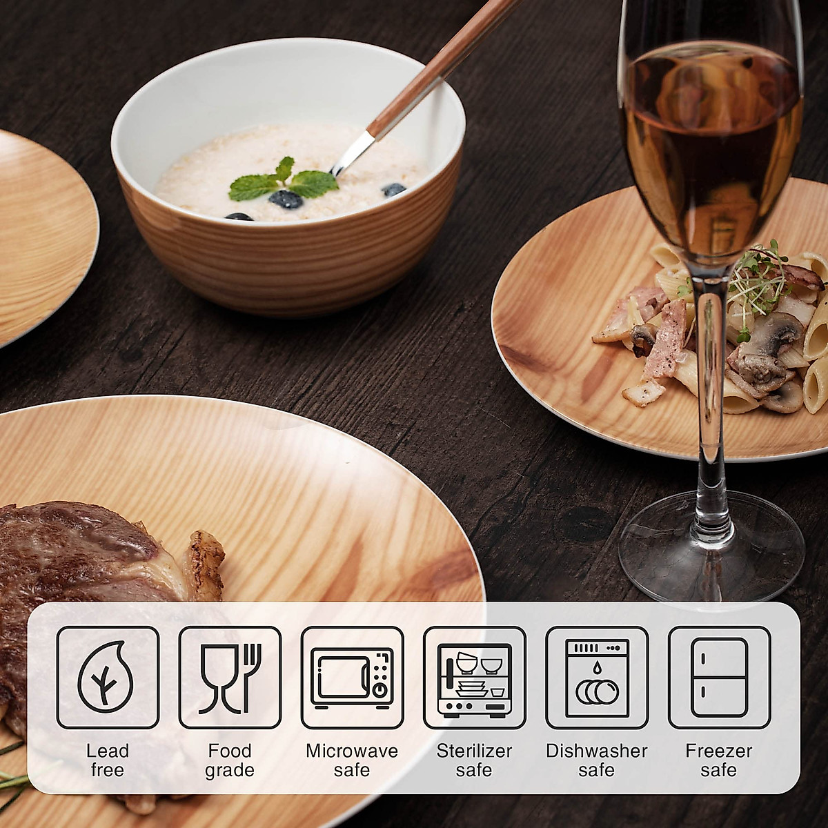 Wooden Pattern Porcelain Dinnerware Sets for 6, Ceramic Plates and Bowls, HF hoften Kitchen Dinnerware Set, 18pc Porcelain Dinnerware Set, Dishwasher, Microwave Safe