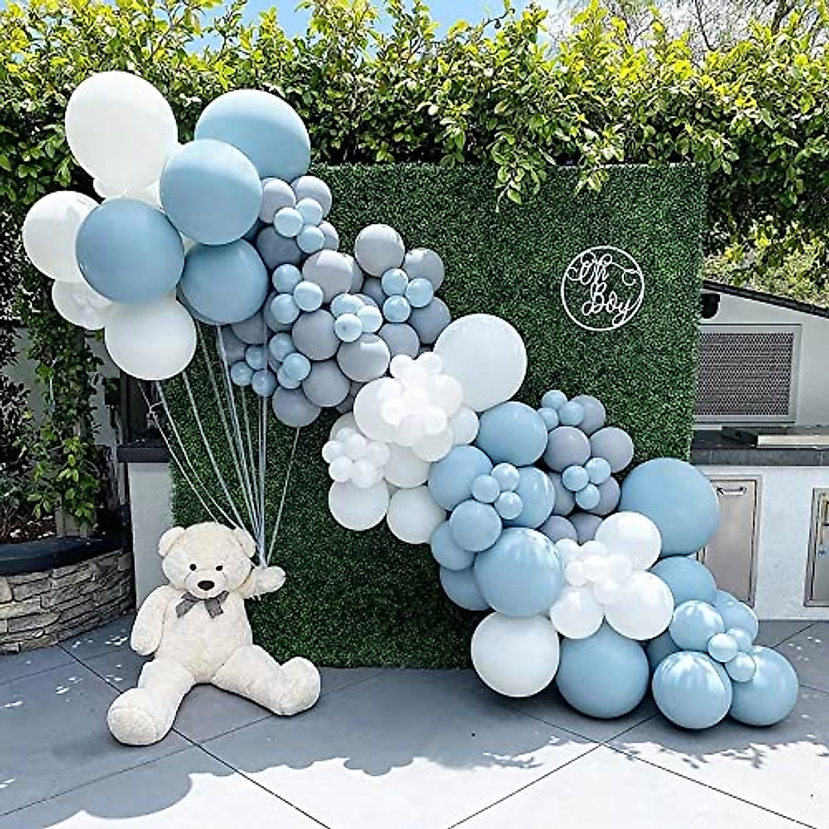 PageebO Dusty Blue Balloon Arch Kit Bear Baby Shower Decoration-134pcs Macaron Blue White Grey Balloons for Baby Shower Kids Birthday Party
