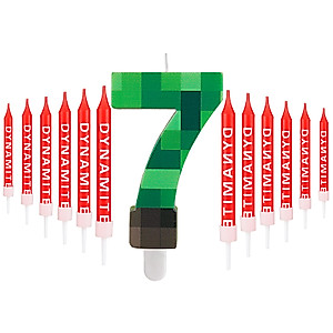 FUNCANDLE TNT Themed Birthday Candle Set,Dynamite 7 Candle with 12 Pieces Long Thin Candles,Happy 7th Birthday Candles,Dynamite Green Pixel Cake Candles for Boys Birthday Decoration Party Supplies