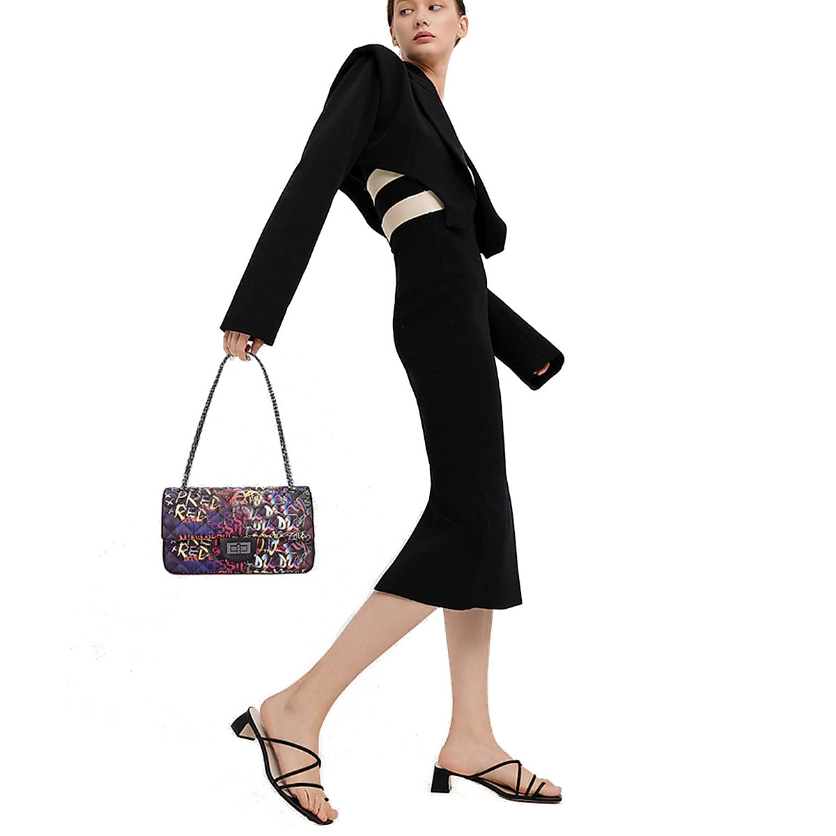 VOGUZY Fashion Quilted Handbags for Women Graffiti PU Crossbody Bags Shoulder Handbags Purse with Metal Chain Black Graffiti