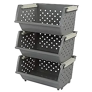 Eagrye Plastic Stackable Storage Bins, Multi-functional Stacking Basket, Grey, Pack of 3