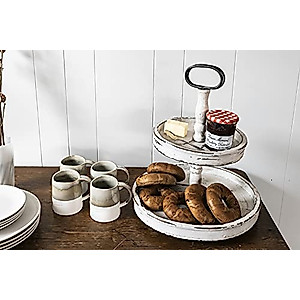 Creative Co-op EC0125 Distressed Wood 2-Tier Tray with Metal Handle, Cream