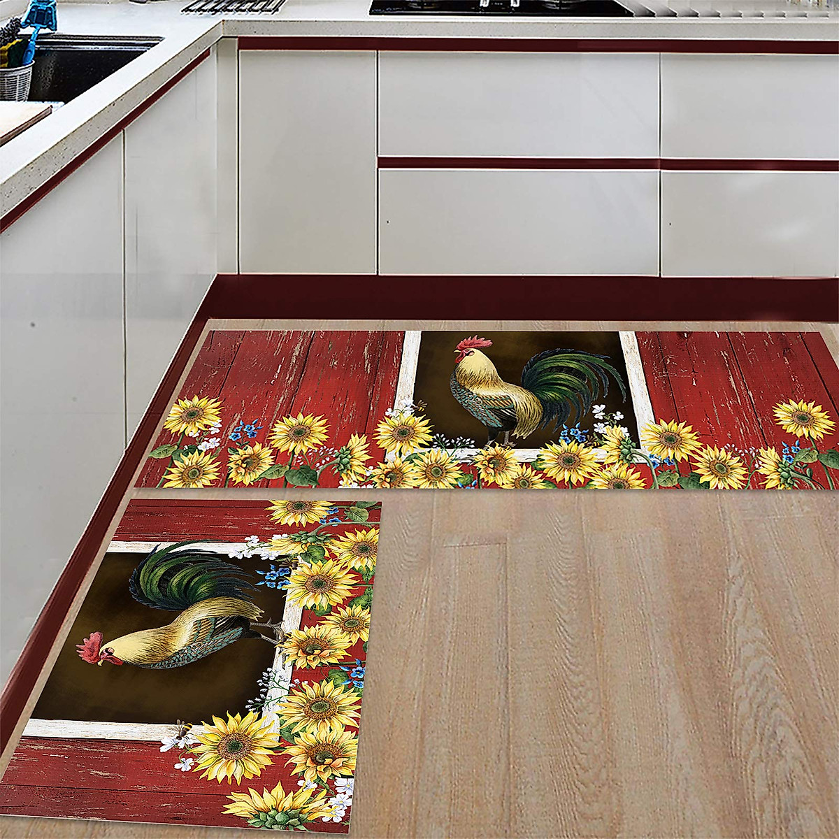 Kitchen Rugs Sets 2 Piece Floor Mats Sunflower Farmhouse Rooster Red Wood Grain Durable Doormat Non-Slip Rubber Backing Area Rugs Washable Carpet Inside Door Mat Pad Sets-19.7" x 31.5"+19.7" x 47.2"