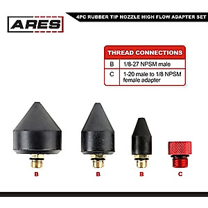 ARES 17005 – 4-Piece Rubber Tip Nozzle Accessory Set for Any Air Blow Gun – Includes 3 Rubber Tip Sizes and High Flow Adapter – Rubber Tips Protect Finished Surfaces During Use