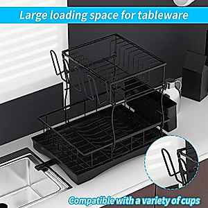 AININUOY Large Dish Drying Rack with Drainboard, 2 Tier Stainless Steel Dish Racks for Kitchen Counter, Dish Drainer with Wine Glass Holder, Drying Rack and Utensils Holder Set (Black)