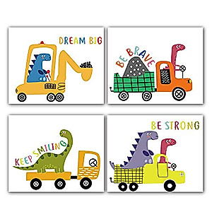 Funny Colorful Cute Dinosaur Truck Inspirational Quotes Art Print Humorous Quotes Painting, Dinosaur Wall Art Canvas Poster for Boy Room Nursery Classroom Playroom Decor, Set of 4 (8”X10”), No Frame