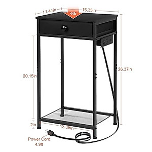 AMHANCIBLE Tall Night Stand, Nightstands Set of 2 with Charging Station, End Side Tables with Fabric Drawer and Shelf, Telephone Table for Living Room, Small Spaces, Black HETT03BK