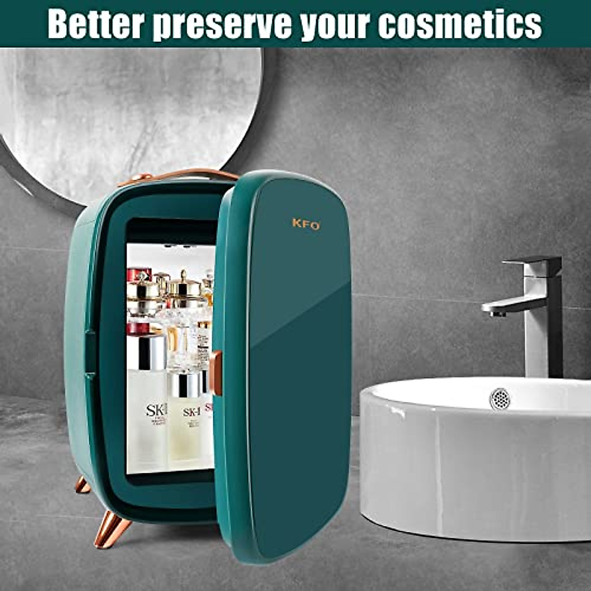 KFO Mini Beauty Refrigerator Skincare Fridge 6Liter /8 Can Makeup Fridge Safe and Silent Protect Your Cosmetics Ideal For Bedroom Cosmetic Storage With Adjustable Shelf