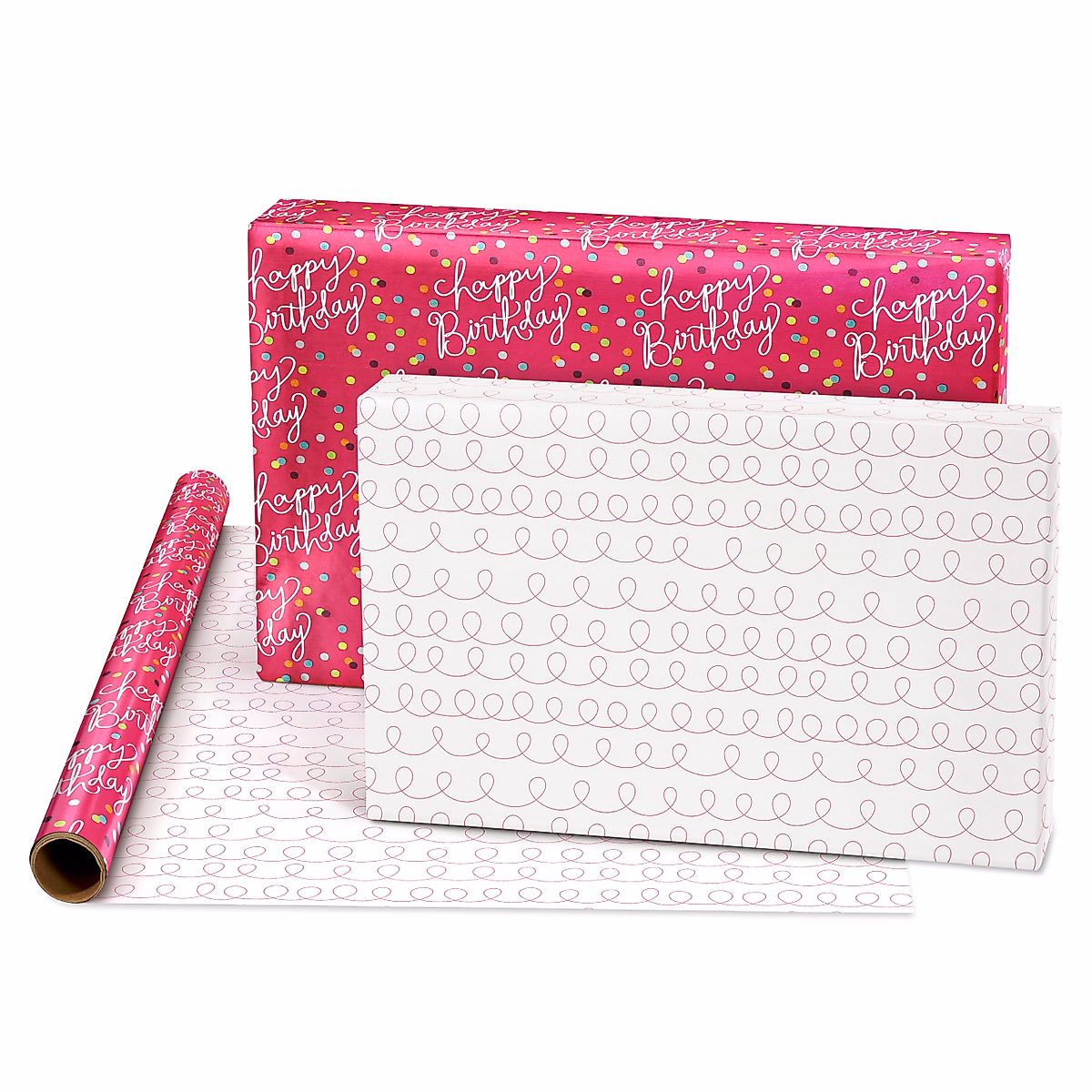 American Greetings Reversible Birthday Wrapping Paper, Floral, Cupcakes, and Polka Dots (4 Rolls, 120 sq. ft)