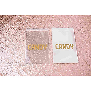 Sweet Details Party Co. Cellophane 'Candy' Bags (100 Pack) Gold & Clear Goodie Bags for Candy Bar & Buffet Gifts- Wedding/Birthday Party Favor Bags- Self-Sealing & Resealable Adhesive - NO Ties!