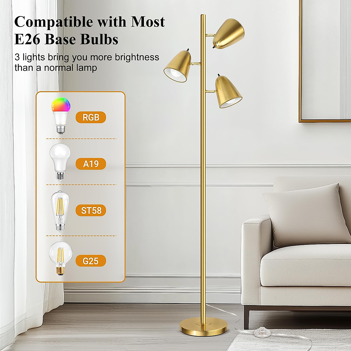 QiMH Tree Floor Lamp with 3 Light Bulbs, Standing Tall Pole Lamps for Living Room Bedroom Office, Reading Stand up Lamps with 3 Adjustable Arms, Brushed Gold