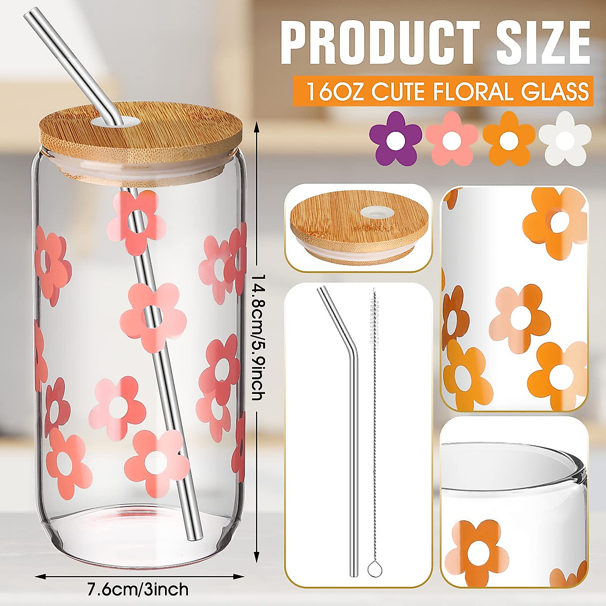 Rtteri 4 Pieces Cute Daisy Glass Cup with Lids and Straws 16oz Can Shaped Drinking Glass Bamboo Lid Straw Iced Coffee Cup Beer Glass Cute Glass Tumbler for Coffee Soda Soft Drink Women Gift